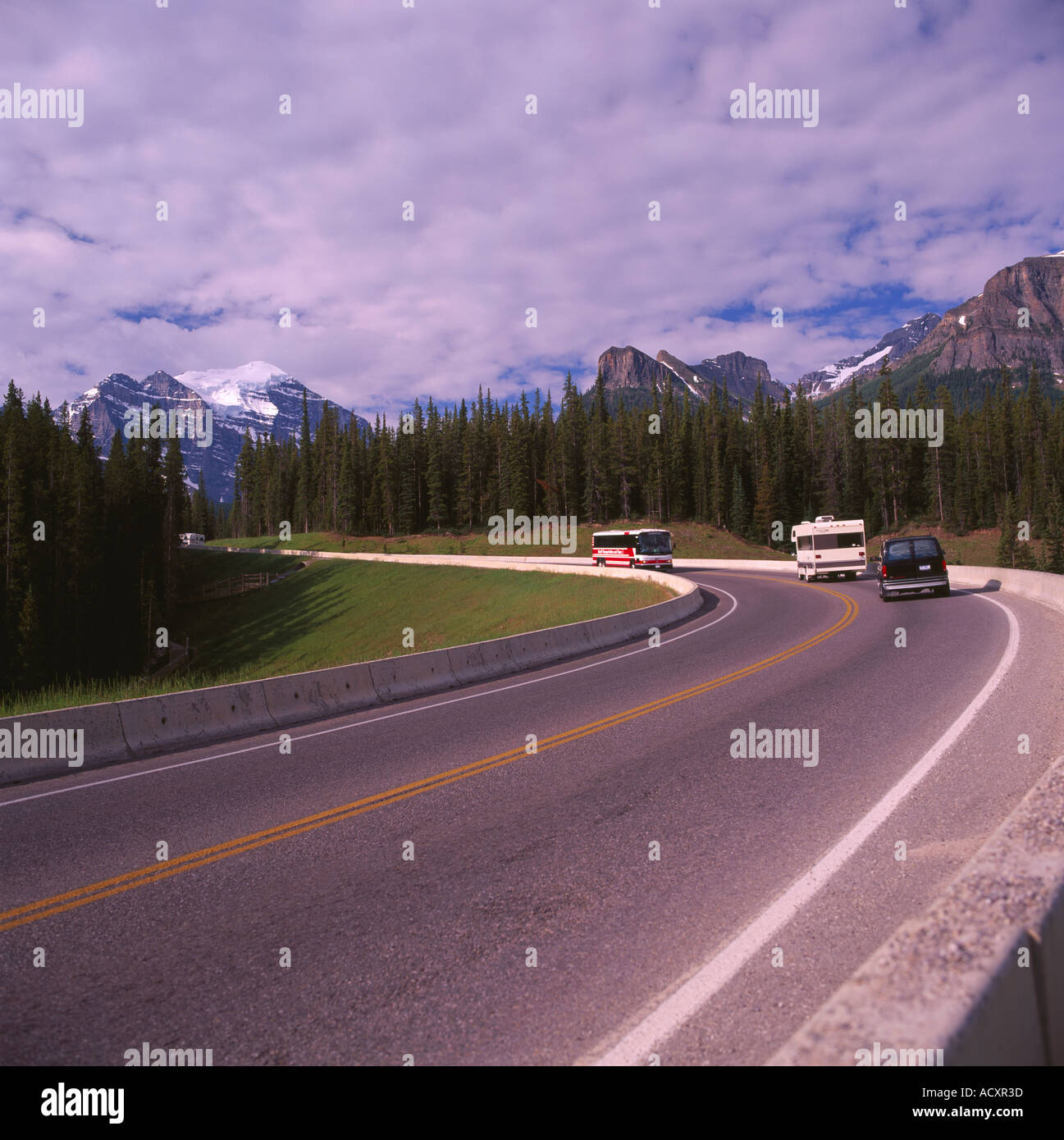Trans Canada Highway 1 through the Canadian Rockies near Lake Louise in Banff National Park in ...