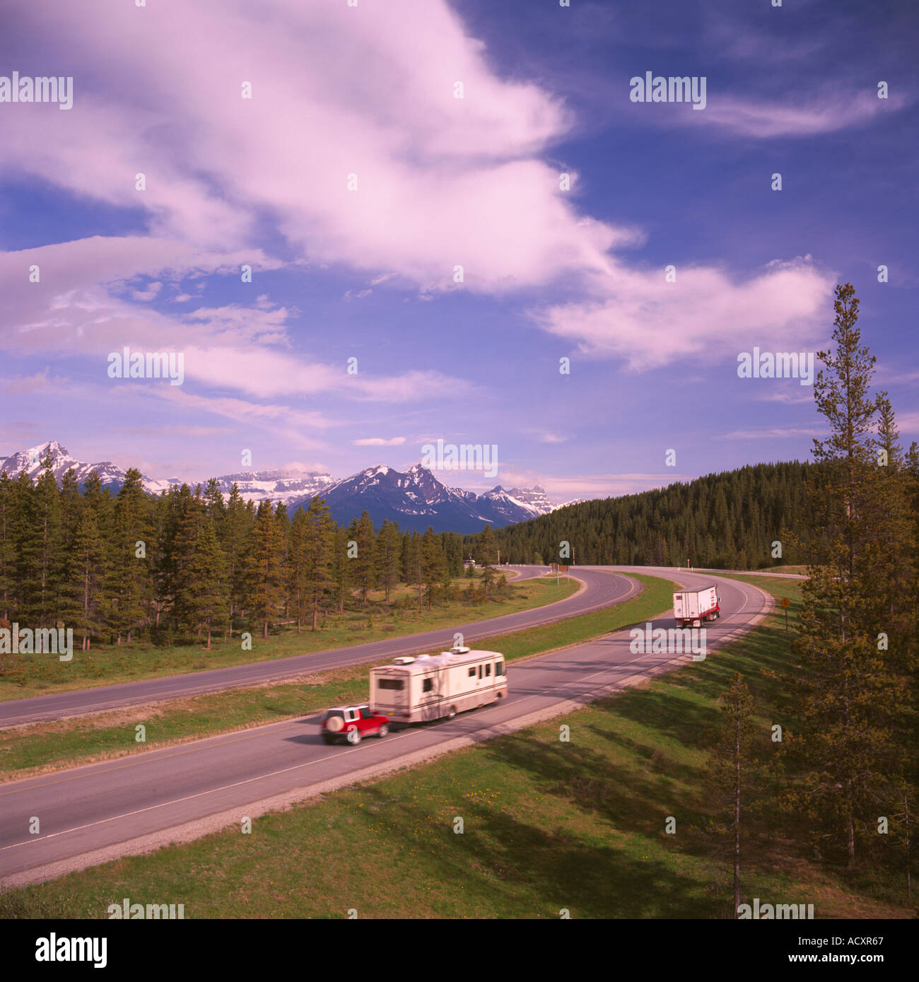 Trans Canada Highway 1 through the Canadian Rockies near Lake Louise in ...