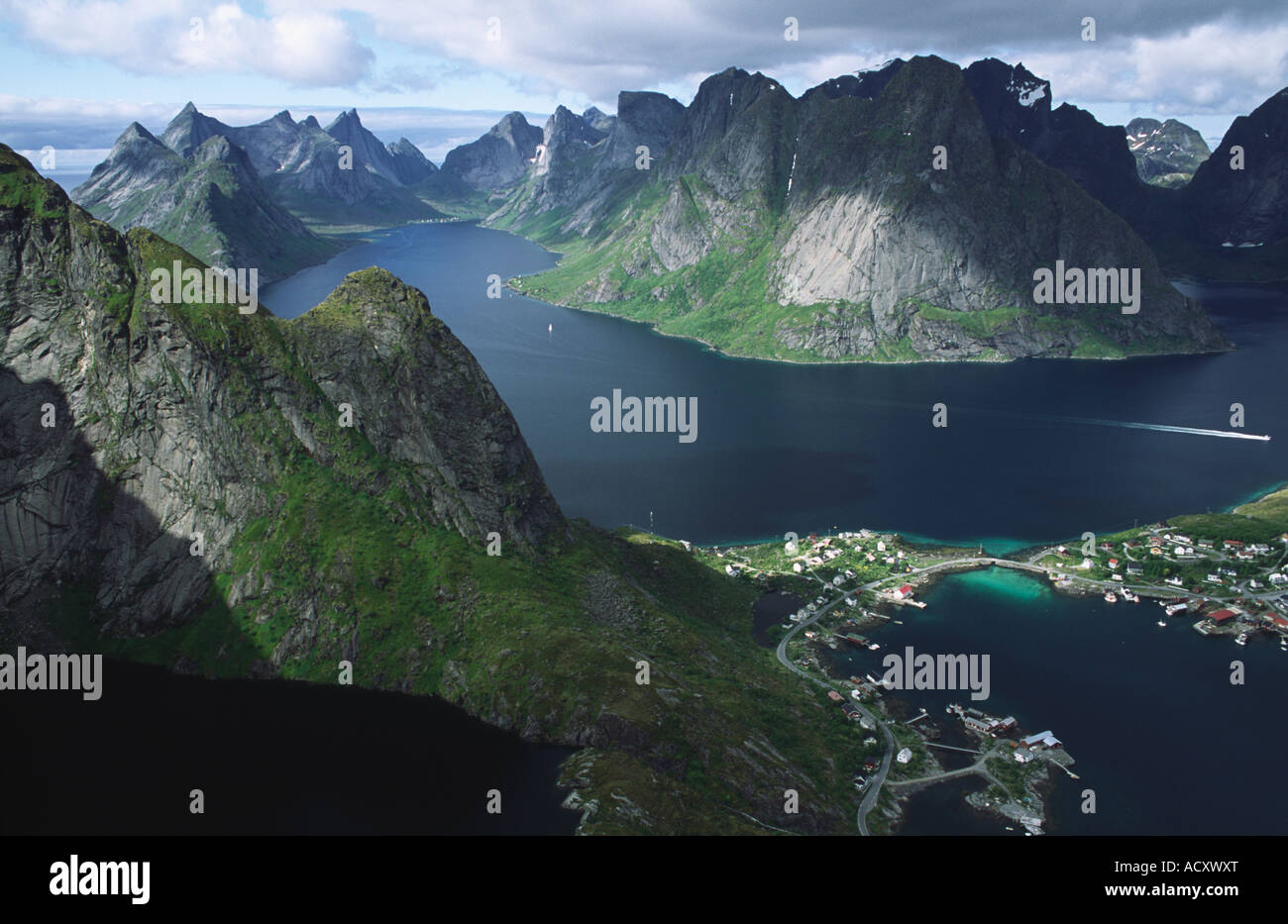 View across fjords and mountain ranges Moskenesoya Lofoten islands ...