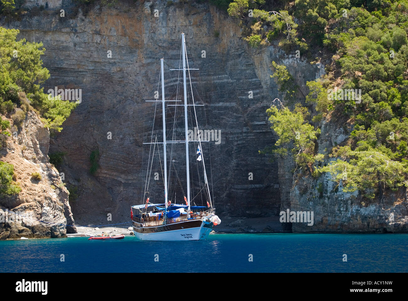 Turkish wooden boat gulet on anchorage in Fethiye Bay, Turkey Stock ...