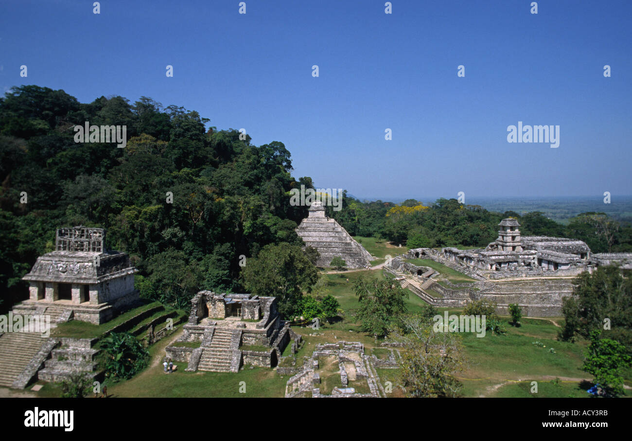 View over the temples of Palenque Chiapas Mexico Central America Stock ...
