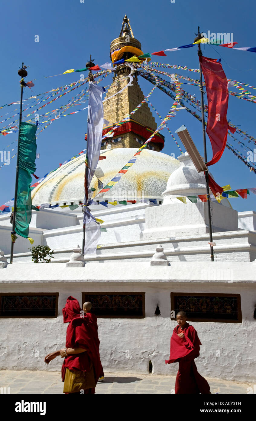 Student buddhist monks circumambulating Bodhnath Stupa.Kathmandu.Nepal ...