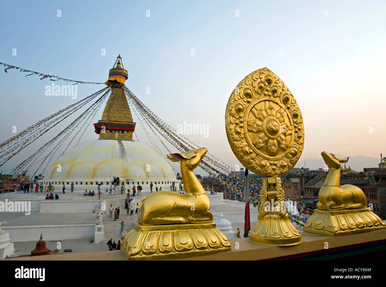 Wheel Of Law and two deers statue.Tsamchen Gompa.Bodhnath Stupa ...