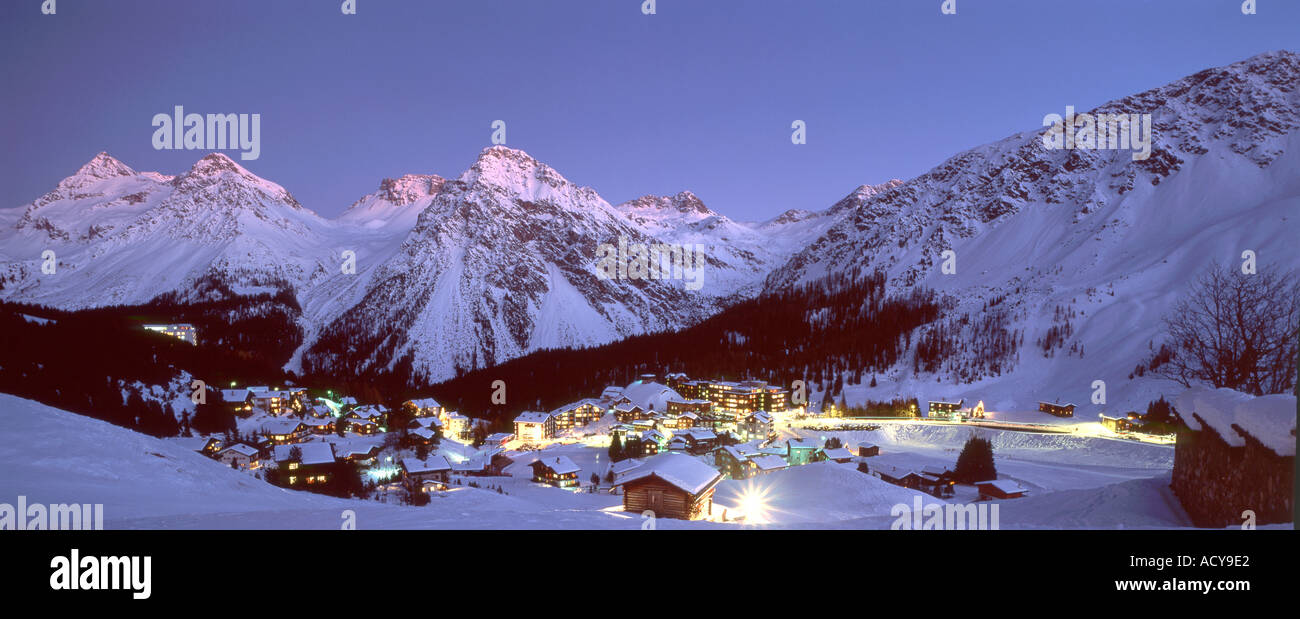 Switzerland Arosa Panoramic view winter landscape twilight Stock Photo ...