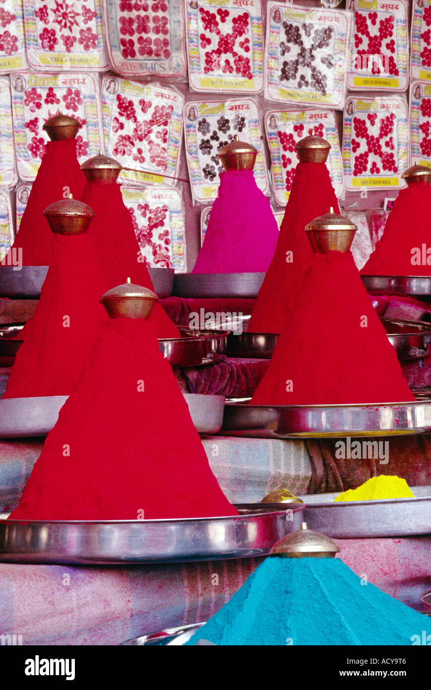 Piles of red TIKKA BLESSING POWDER in a market stall at the PUSHKAR ...
