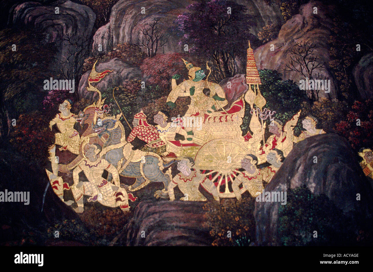 Murals depicting the RAMAKIEN Thai Ramayana at WAT PHRA KEO in BANGKOKS ...