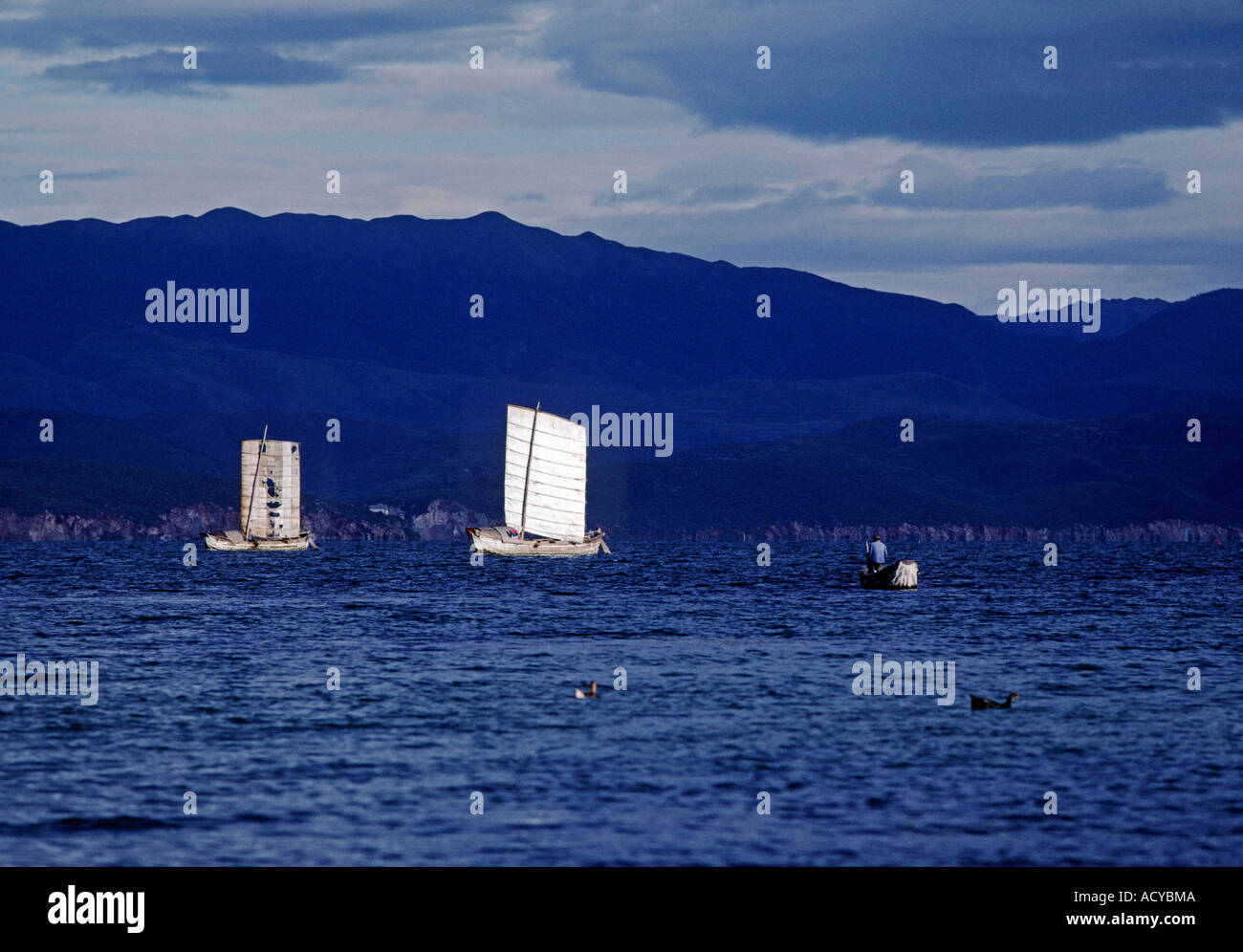 Traditional FANCHUAN mid sized junk boats with bamboo and canvass sails ...