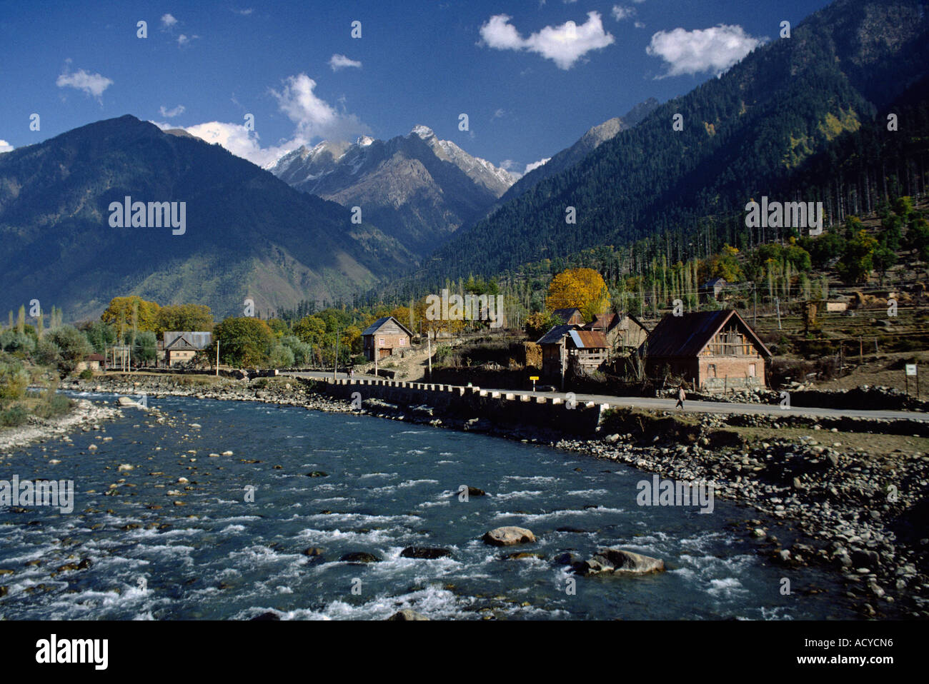 The LIDDER RIVER runs past the village of PAHALGAM in the HIMALAYAN ...