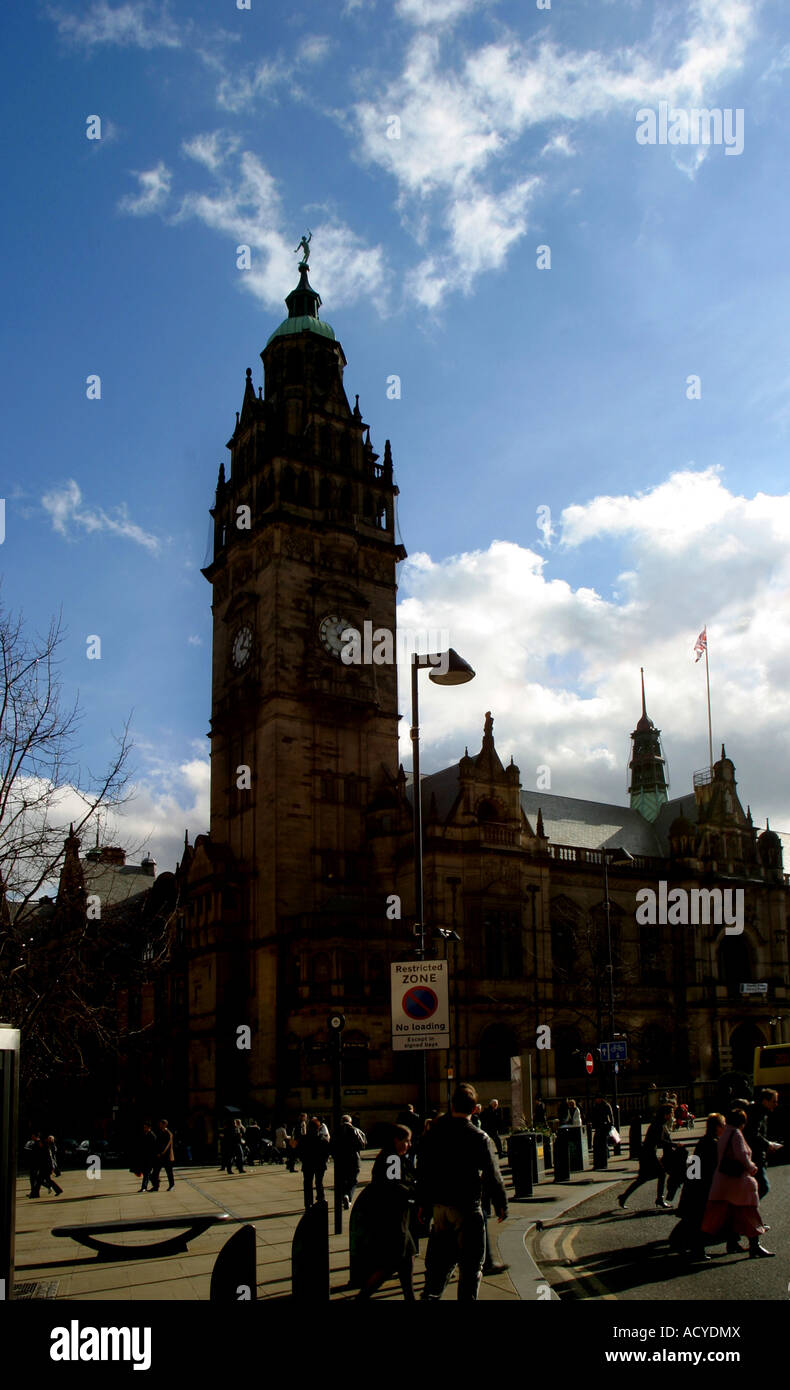 Sheffield Town Hall and Shoppers taken looking into Sun Stock Photo - Alamy