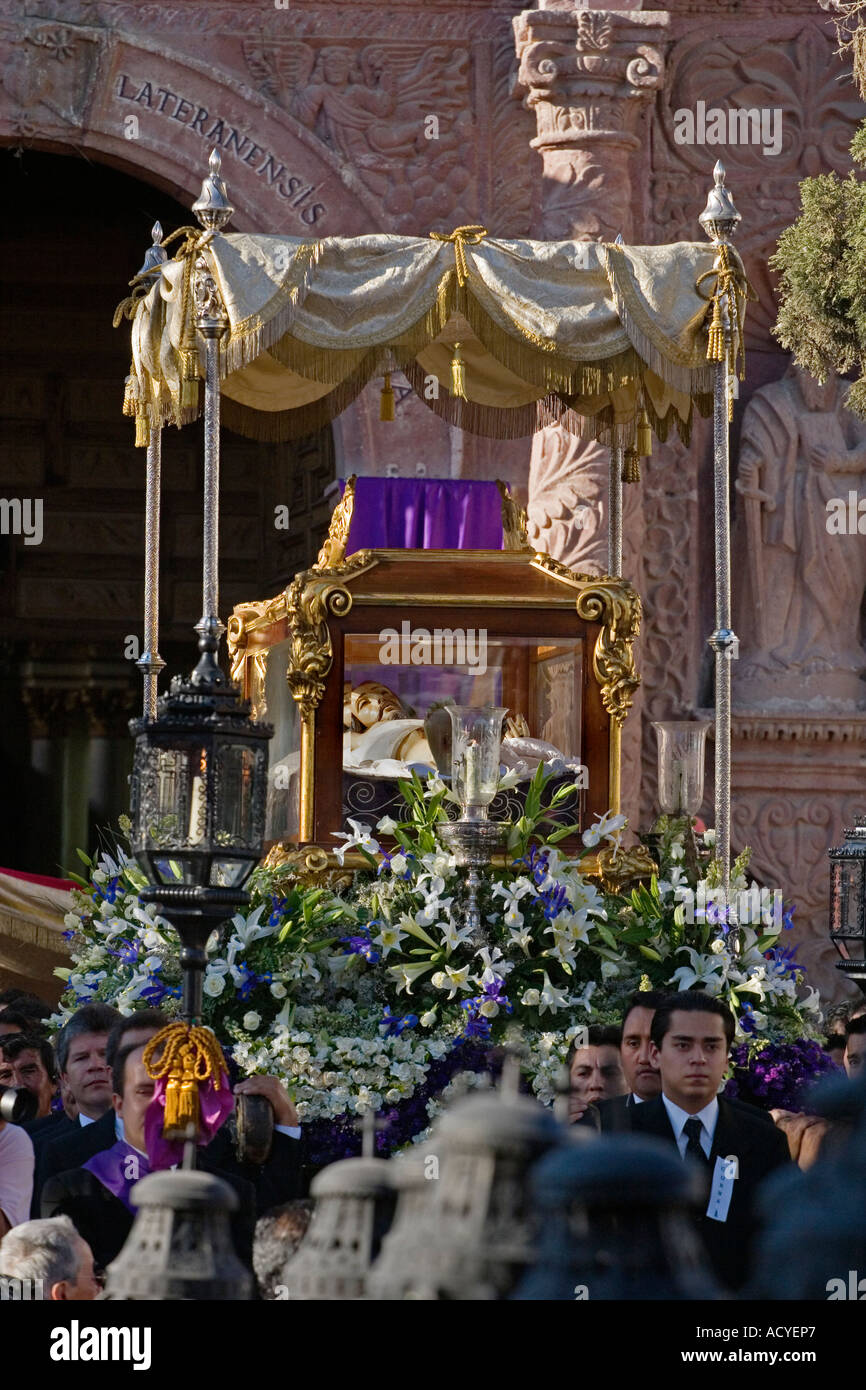 MEXICAN MEN carry CHRIST in his casket from TEMPLO DEL ORATORIO during ...