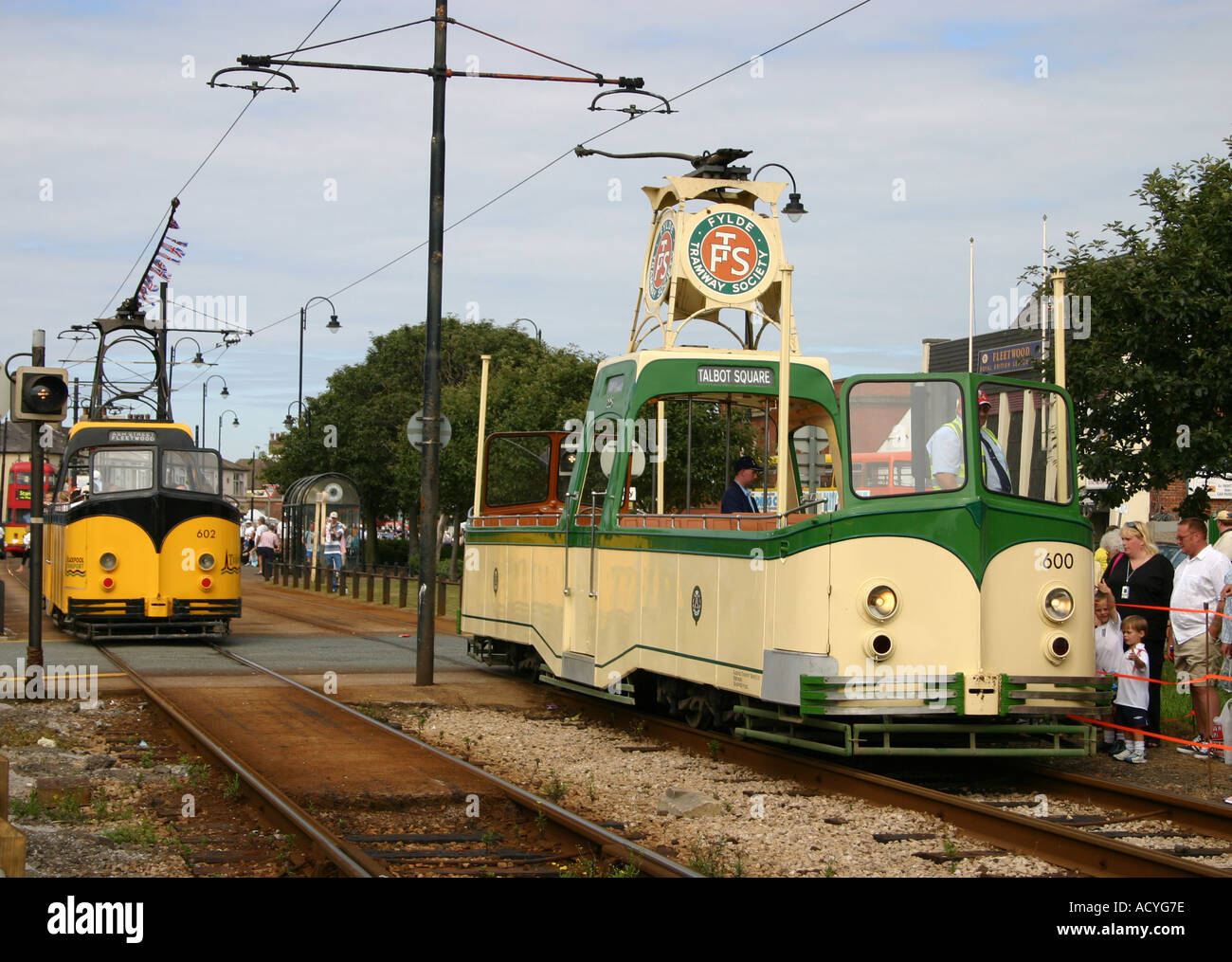 Single deck open air trams at Fleetwood Stock Photo - Alamy
