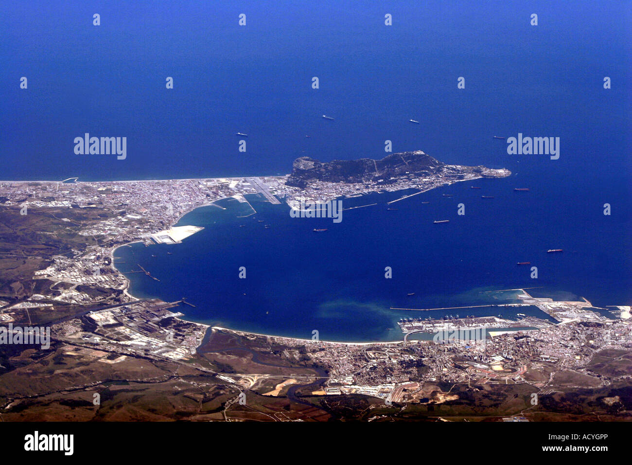 Aerial view of GIBRALTAR and surrounding Spanish towns La Linea Stock ...