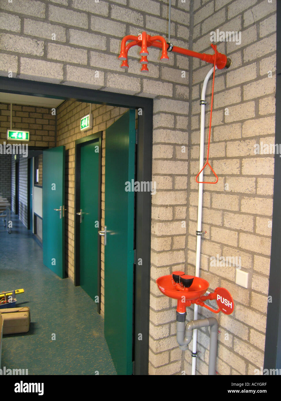 safety equipment with emergency shower in biology classroom Stock Photo ...