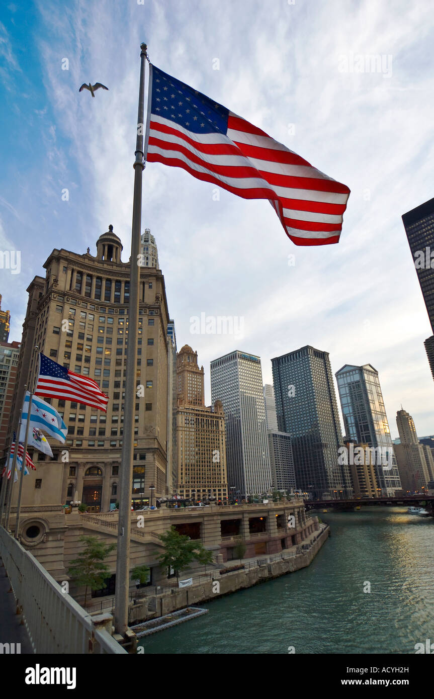 Chicago city skyline with skyscrapers and Star and Stripes Stock Photo ...