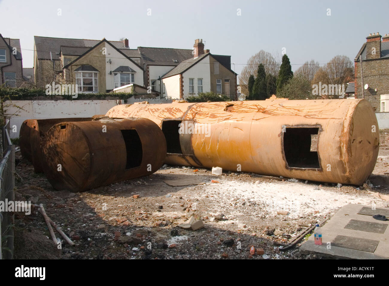 Excavated petrol storage tanks on demolition site of old filling ...