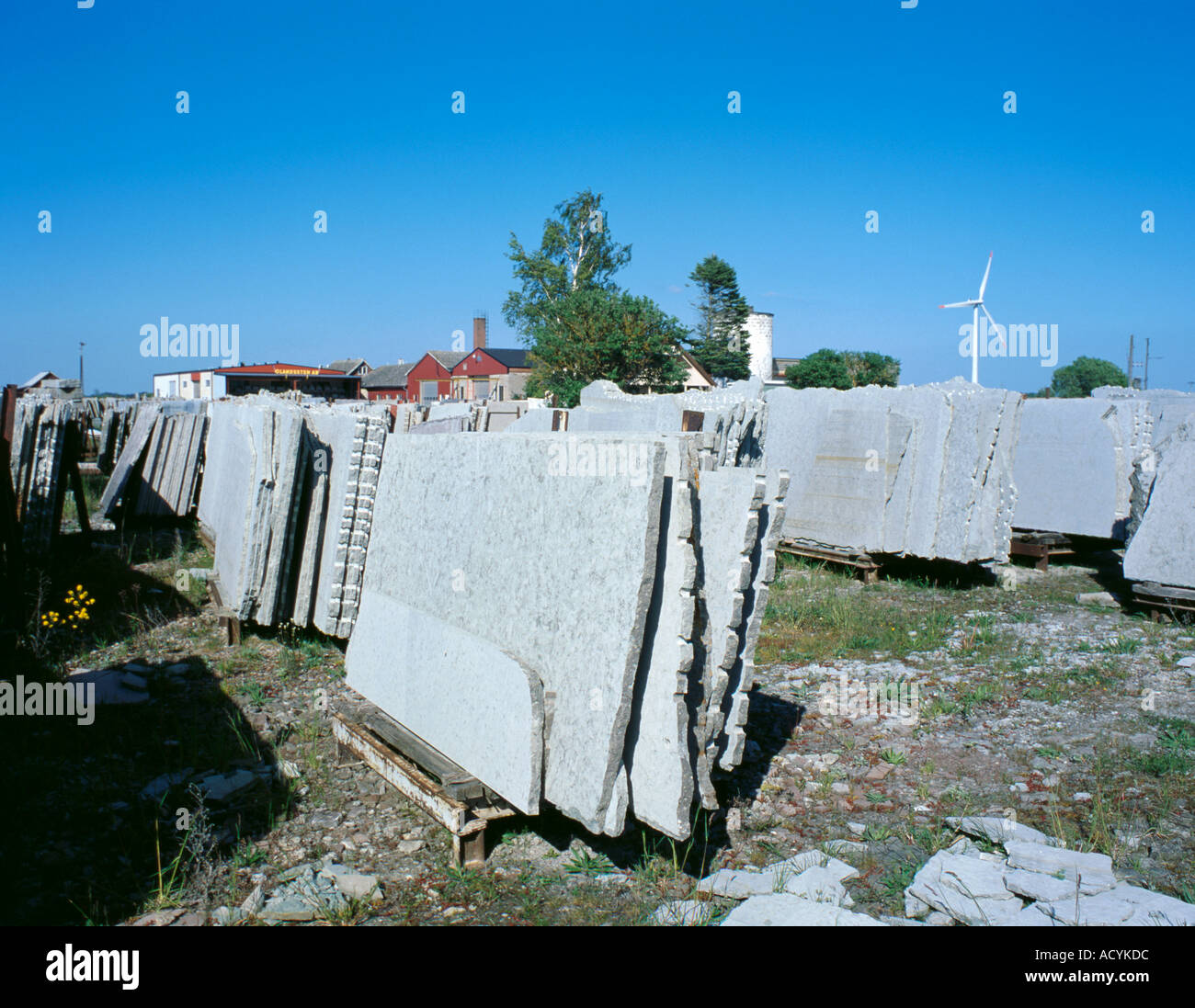 Sheets of cut limestone in a yard, Jordhamn, Öland, Sweden Stock Photo ...