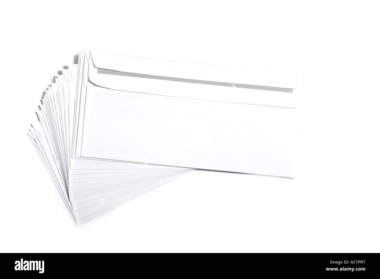 Stack of plain white envelopes arranged in a fan shape, isolated on a ...