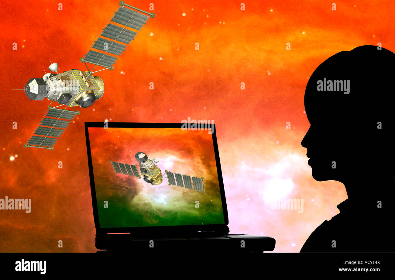 laptop computer operator studying space vehicle and galaxy graphic ...