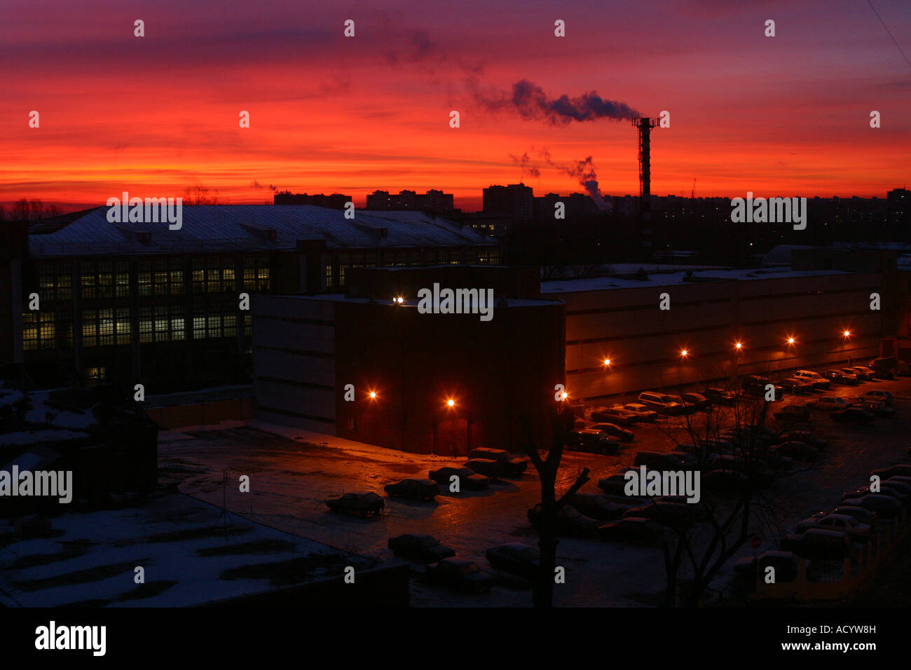 Moscow skyline at sunset showing industrial buildings polluting the ...