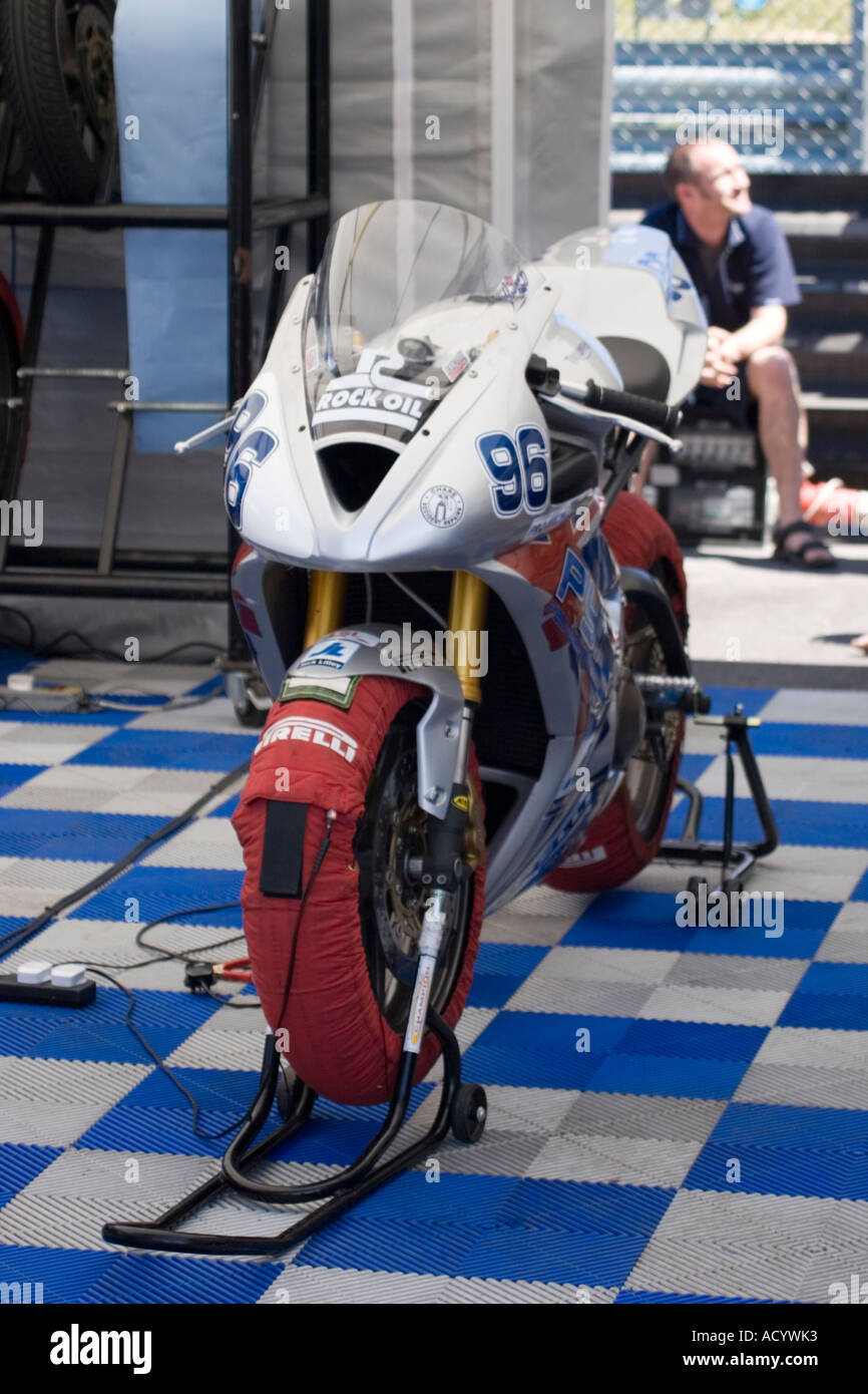 Paul Young's Triumph Supersport bike in the pit awning at Mallory Stock ...