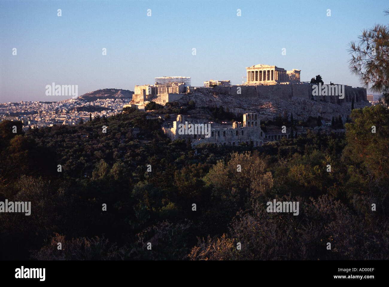 View of Acropolis from Filopappos Hill late afternoon Athens Greece ...
