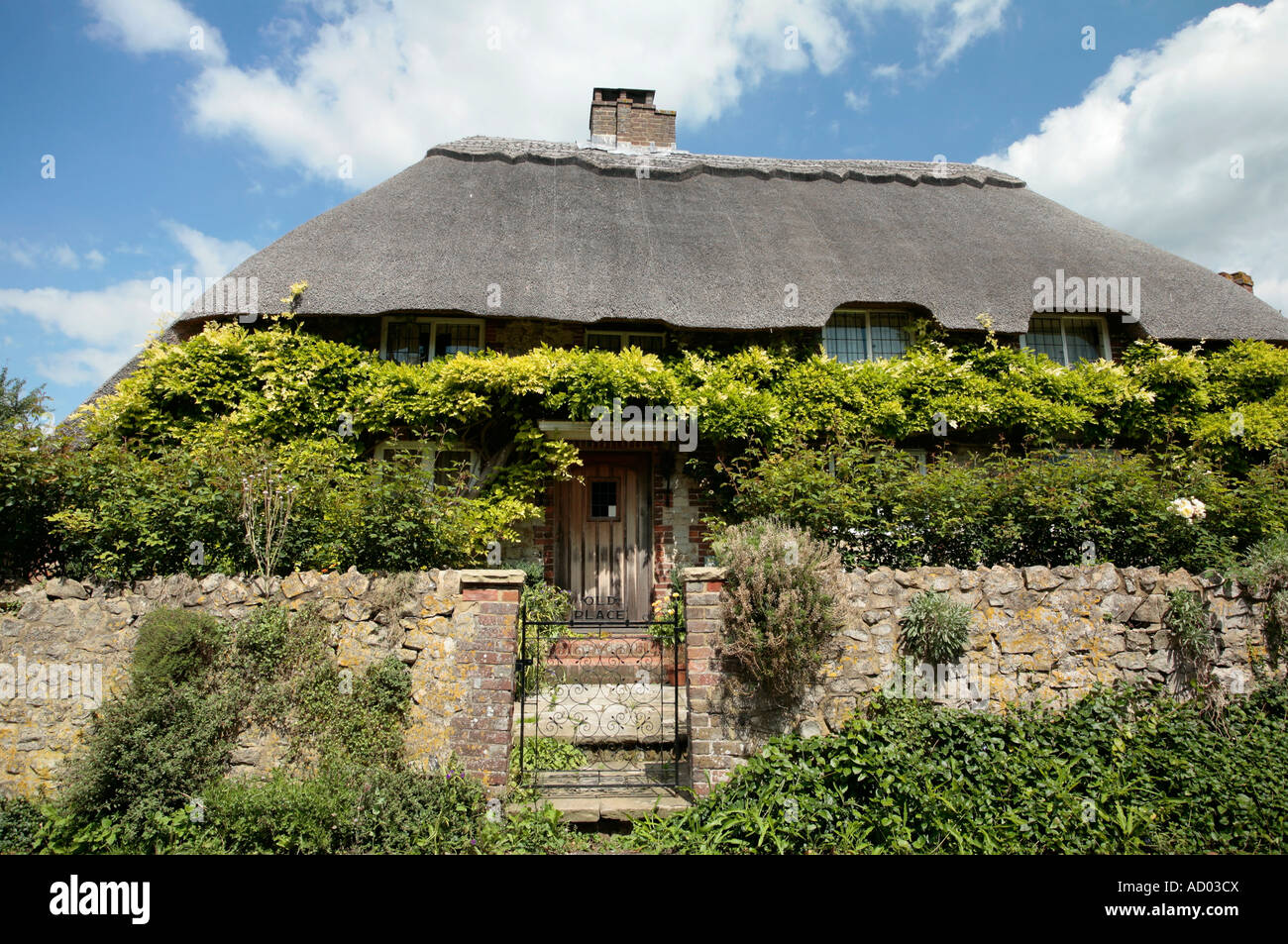 Traditional English thatched cottage in the picturesque village of ...