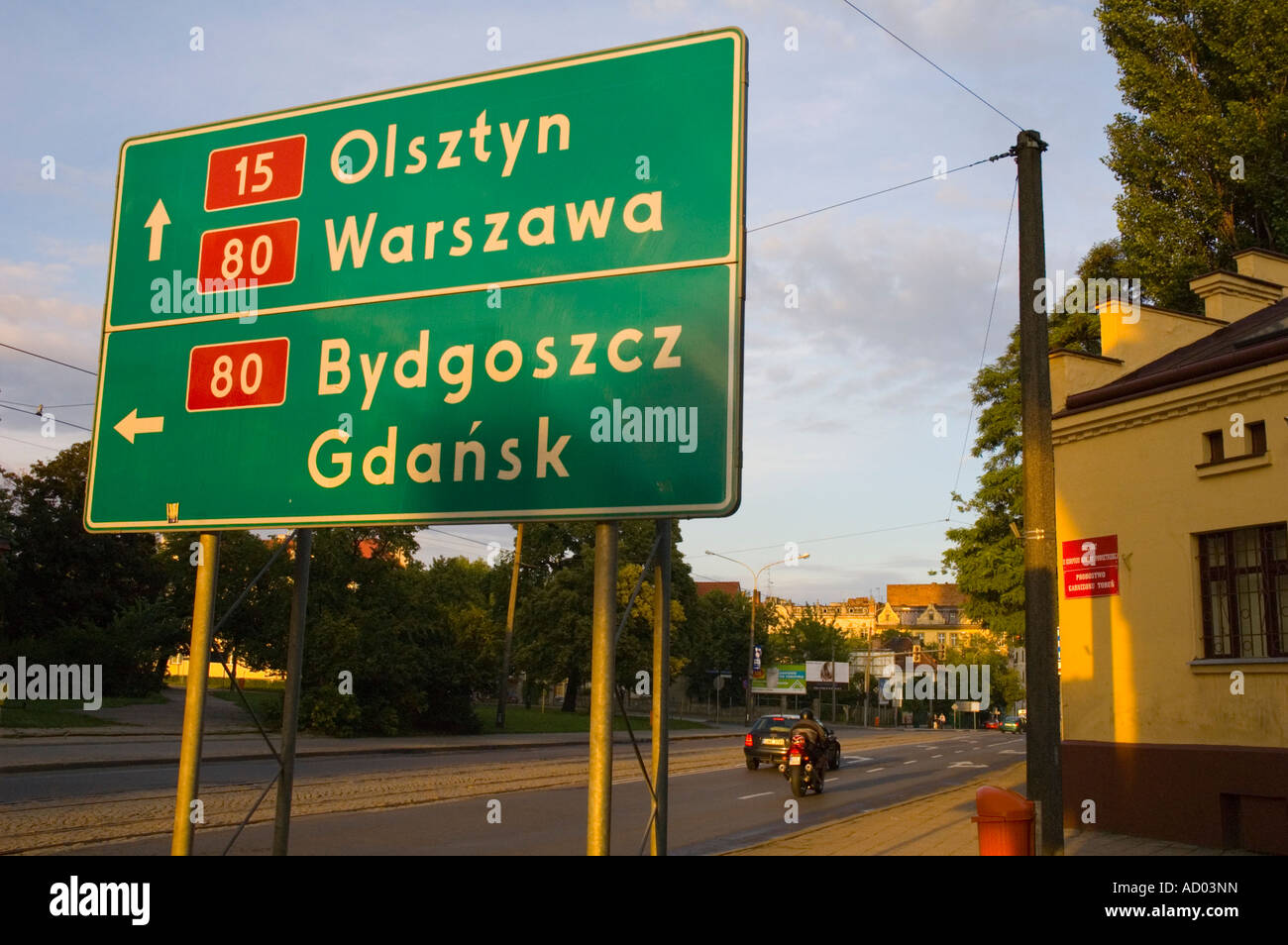 Sign showing roads to different Polish cities in central Torun Poland ...
