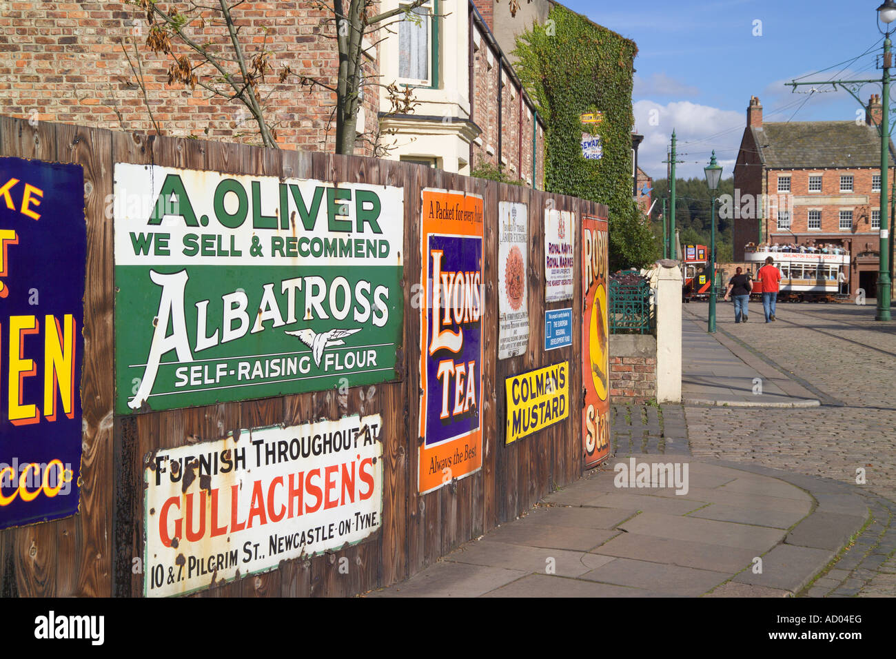 Old tin advertising signs Beamish Museum County Durham England Stock ...