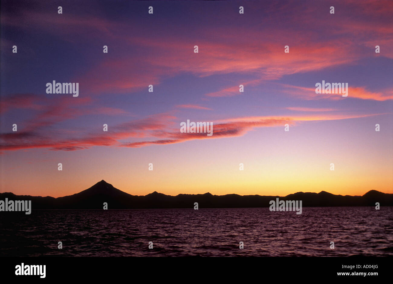 Viluchinsky volcano in colorful sunset ocean sky in crimson purple ...