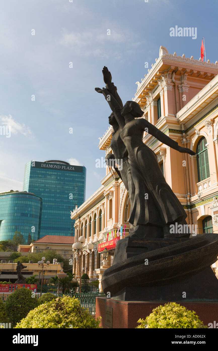 Statue outside [Central Post Office] with "Diamond Plaza" building "Ho Chi Minh City" Vietnam ...