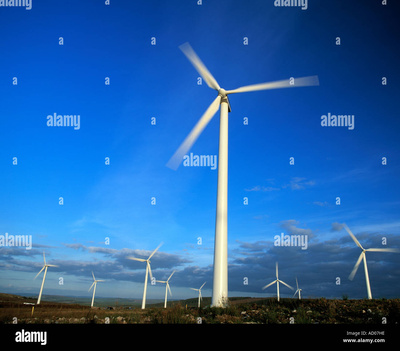 wind driven electric turbines rotate against blue sky, alternative ...
