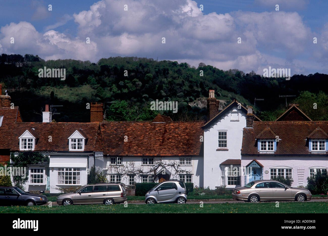 Pretty cottages and parked cars overlooking Brockham village green with ...