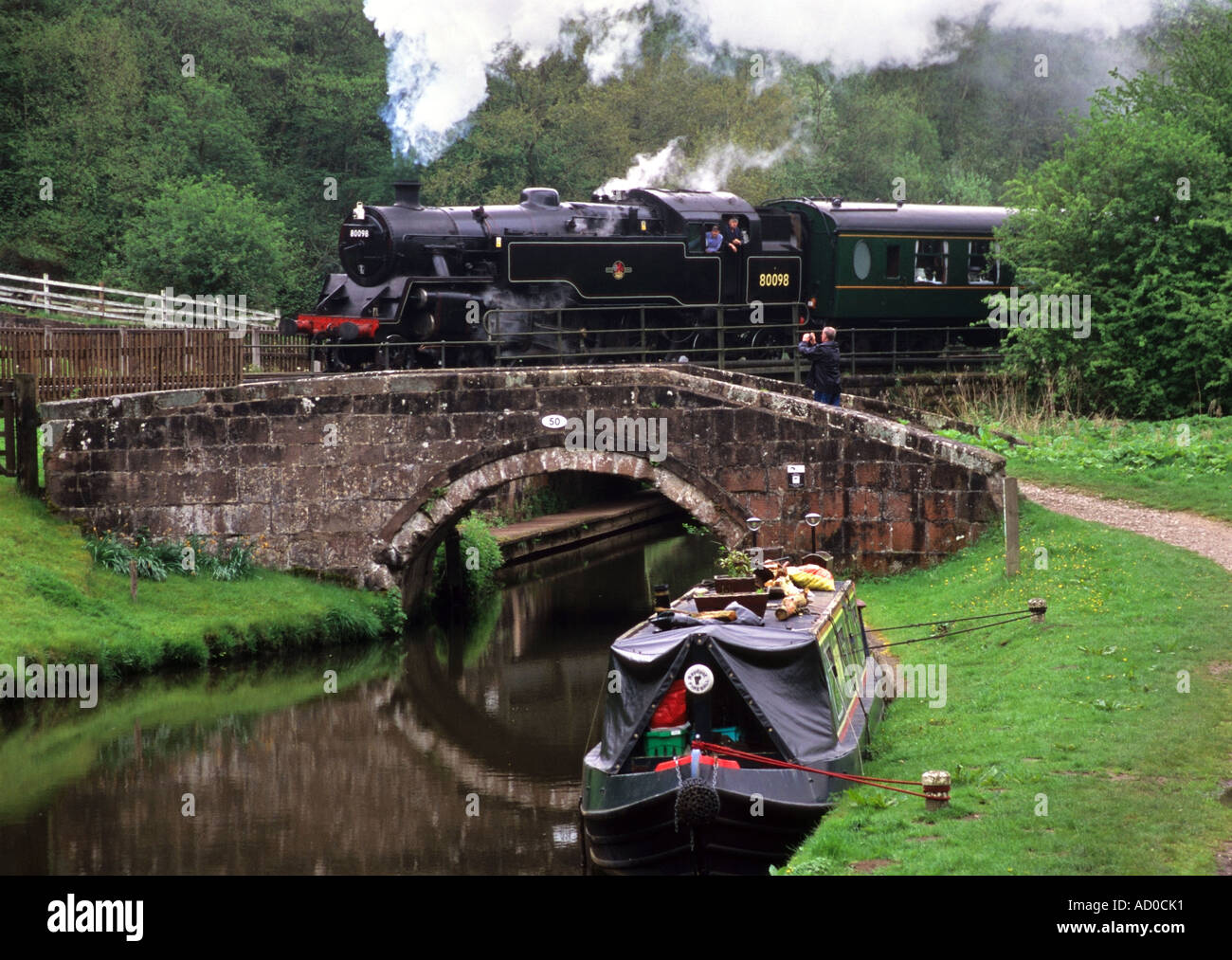 Locomotive on The Churnet Valley Railway crossing The Caldon Canal, at ...