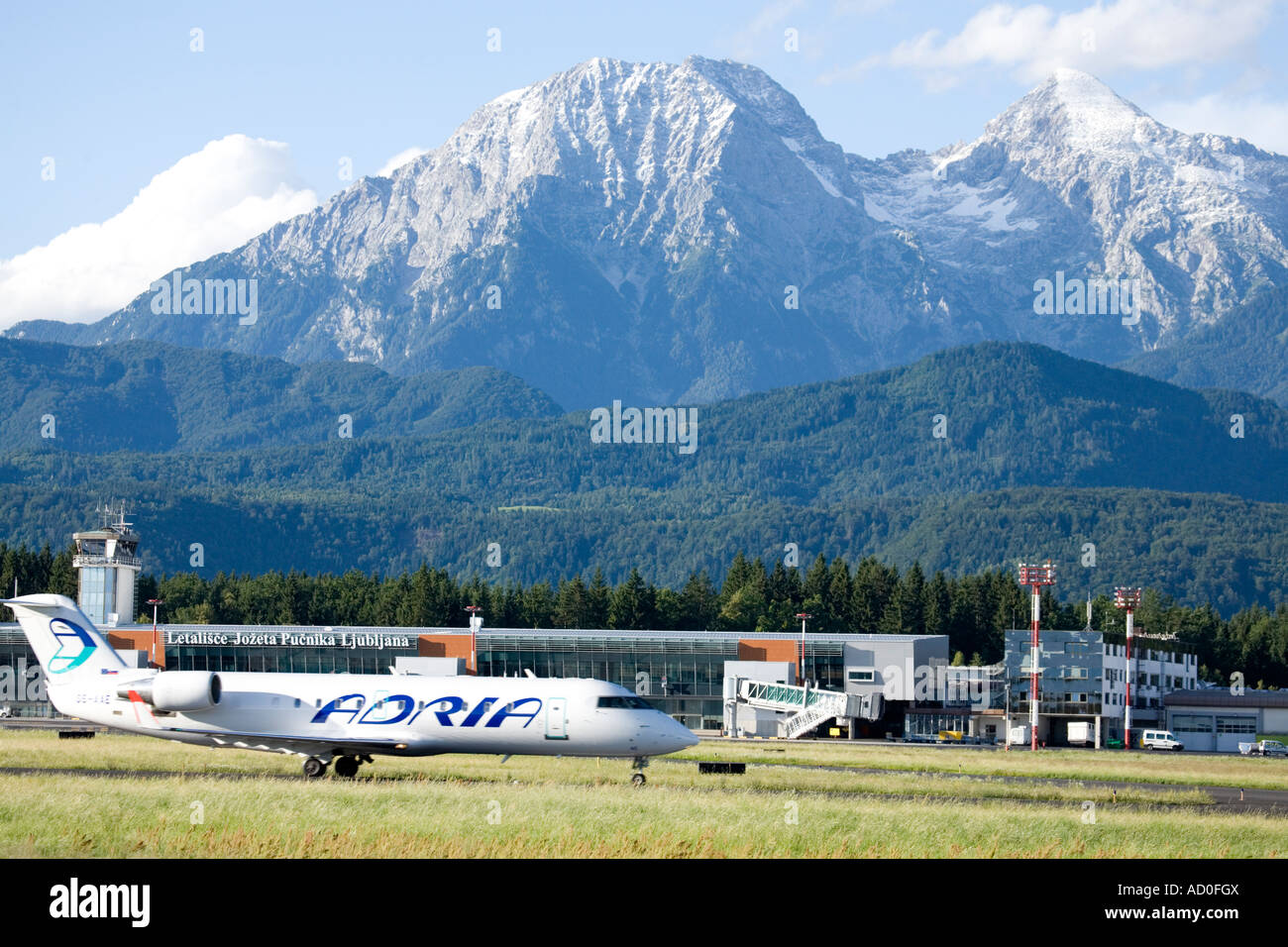 Aircraft preparing to take off from Ljubljana Joze Pucnik airport ...