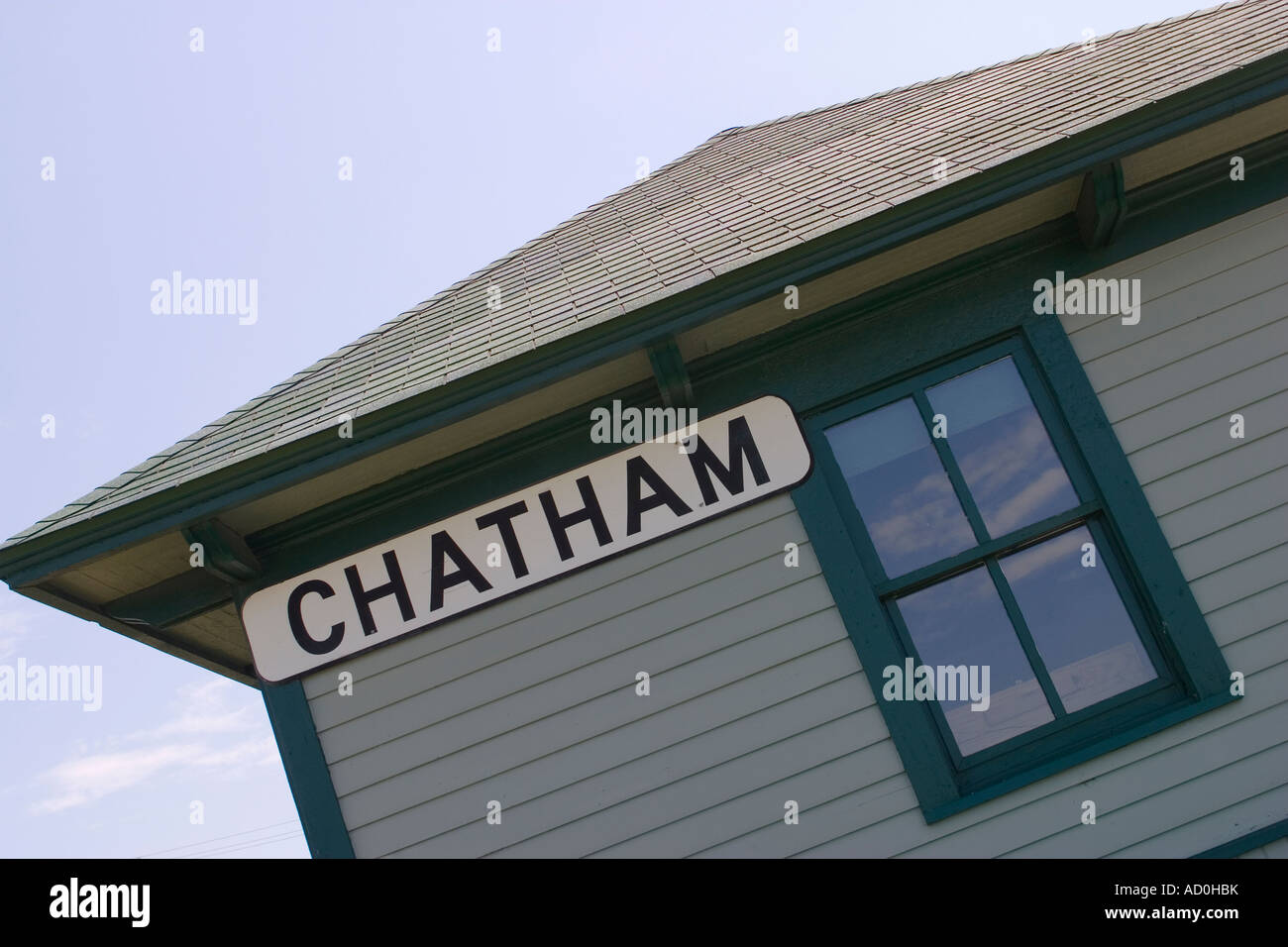 ILLINOIS Chatham Sign for town on exterior of train depot angled view ...
