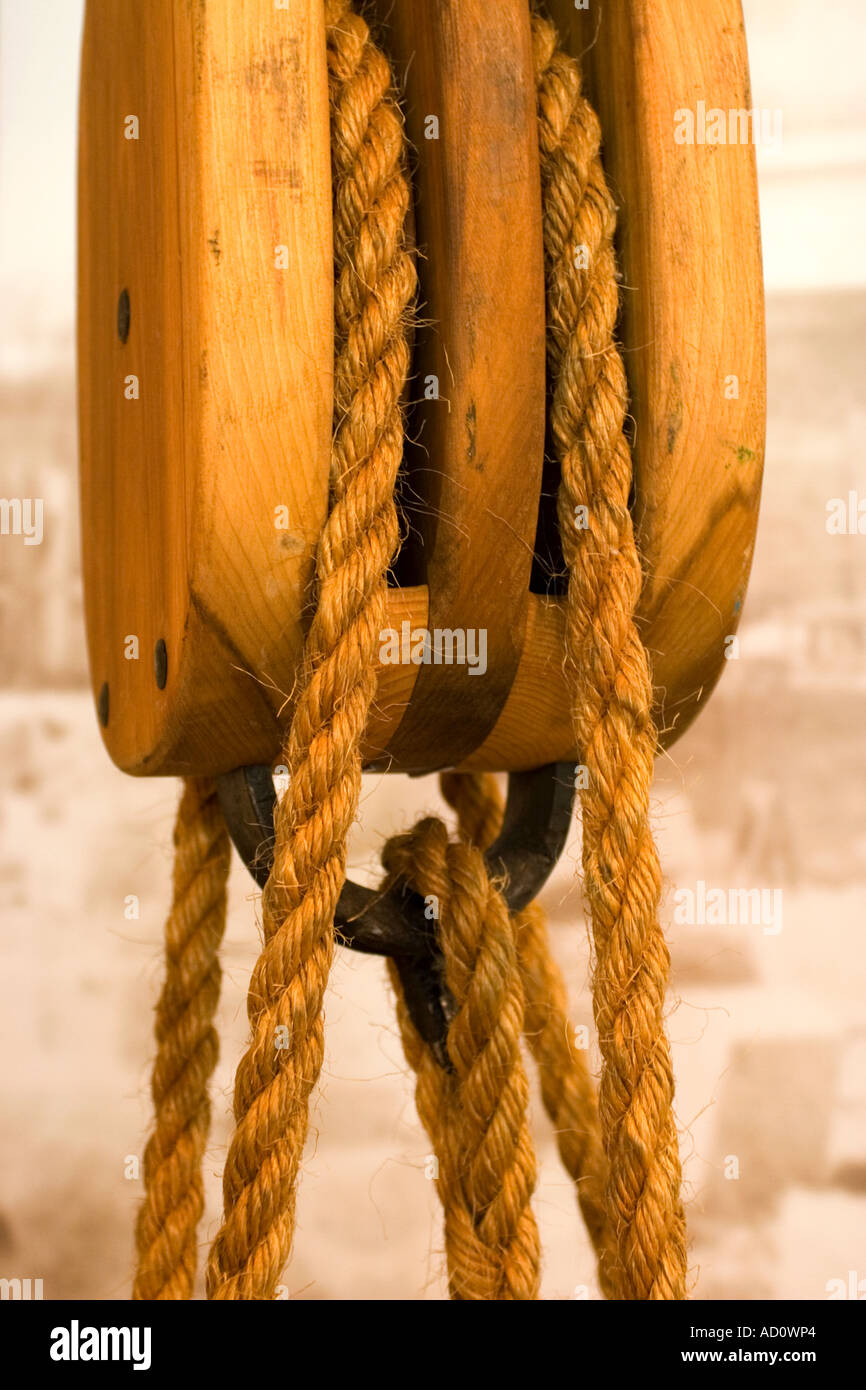 Block and Tackle wood and rope Stock Photo - Alamy