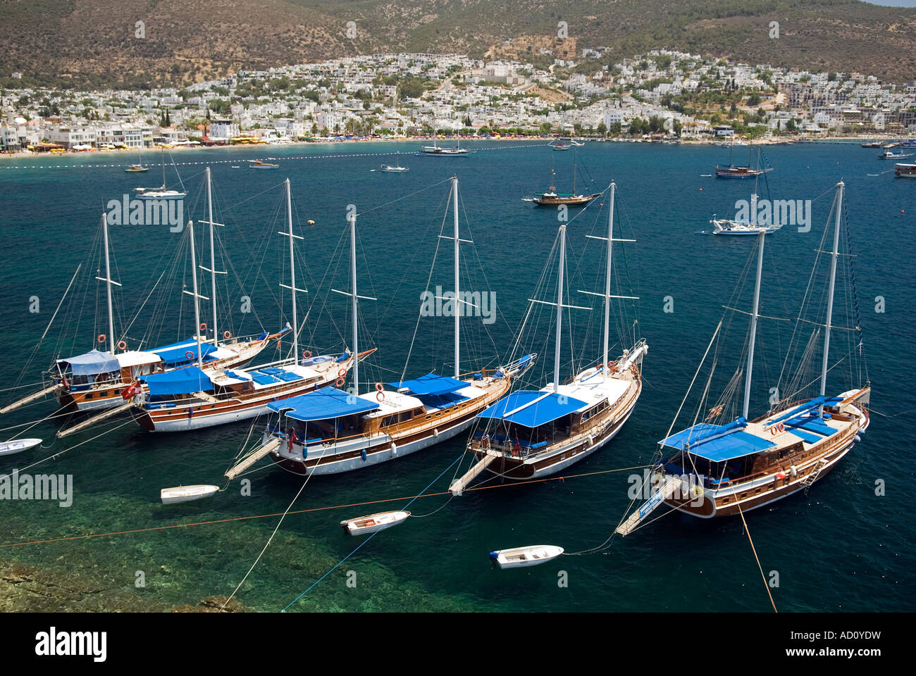 Turkish traditional wooden boats gulets anchored in front of Bodrum ...