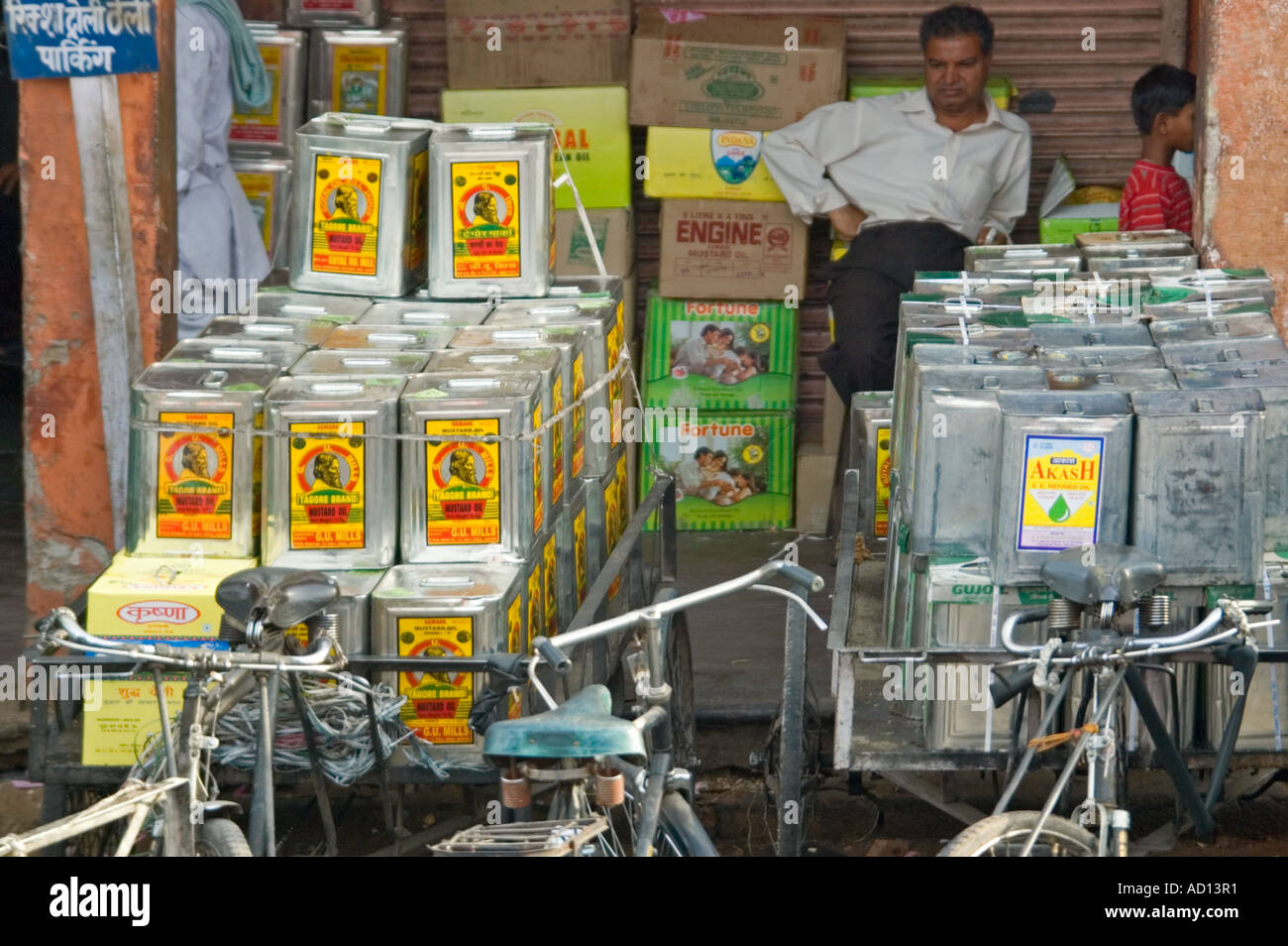 Horizontal close up of a row of cycle rickshaws loaded and ready for ...