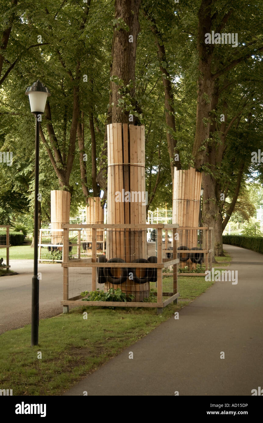 tree, protectors, in, use, during, construction, work, wrapped, damage ...