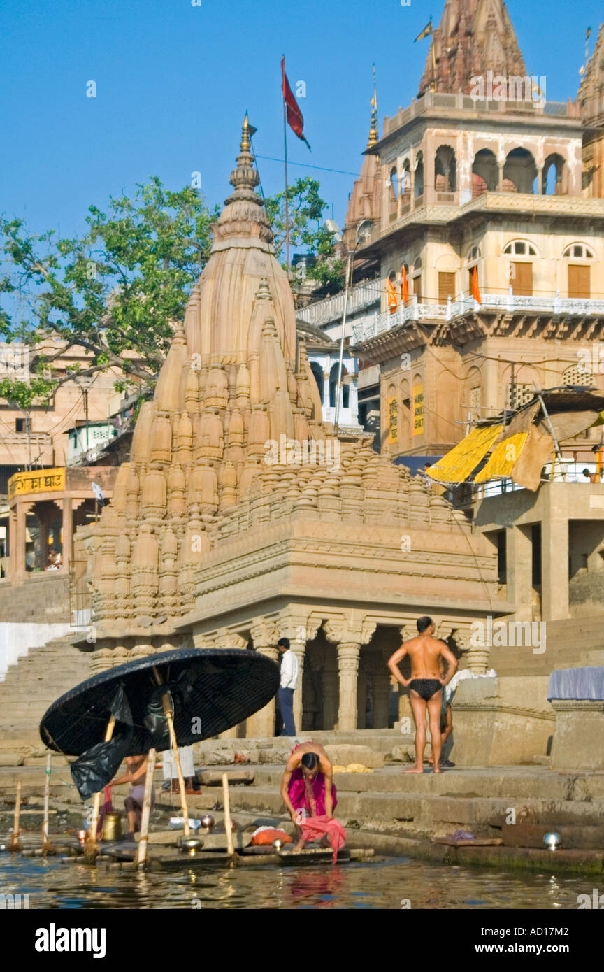 Vertical wide angle of the daily activities on Scindia Ghat in Varanasi ...