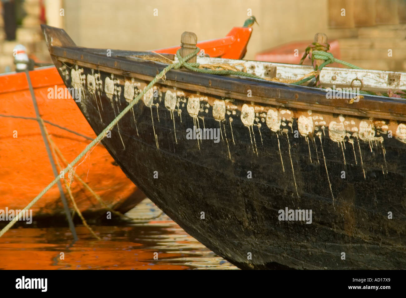 Horizontal view of an Indian boat traditionally decorated with hand ...