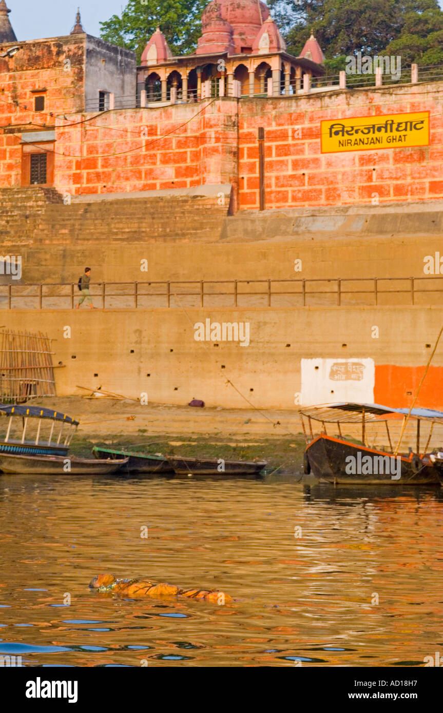 A wide angle view of a shrouded dead body floating down the river ...