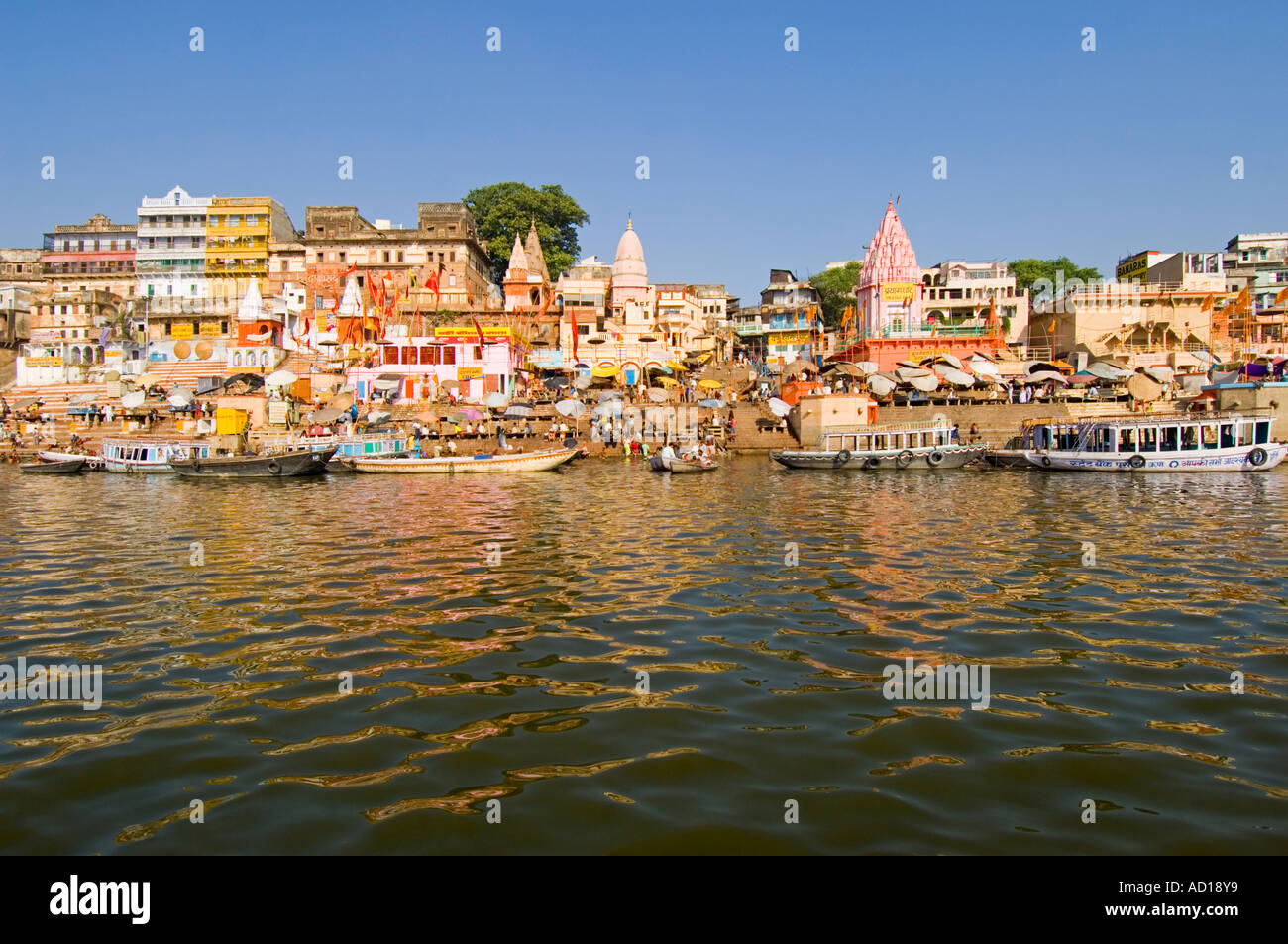 A wide angle view of the central ghats around Dasaswamedh along the ...