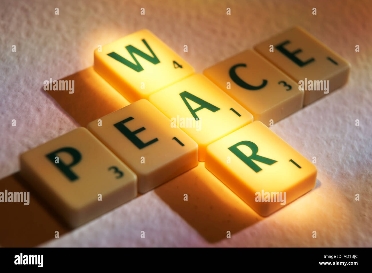 SCRABBLE BOARD GAME LETTERS SPELLING THE WORDS WAR AND PEACE Stock ...
