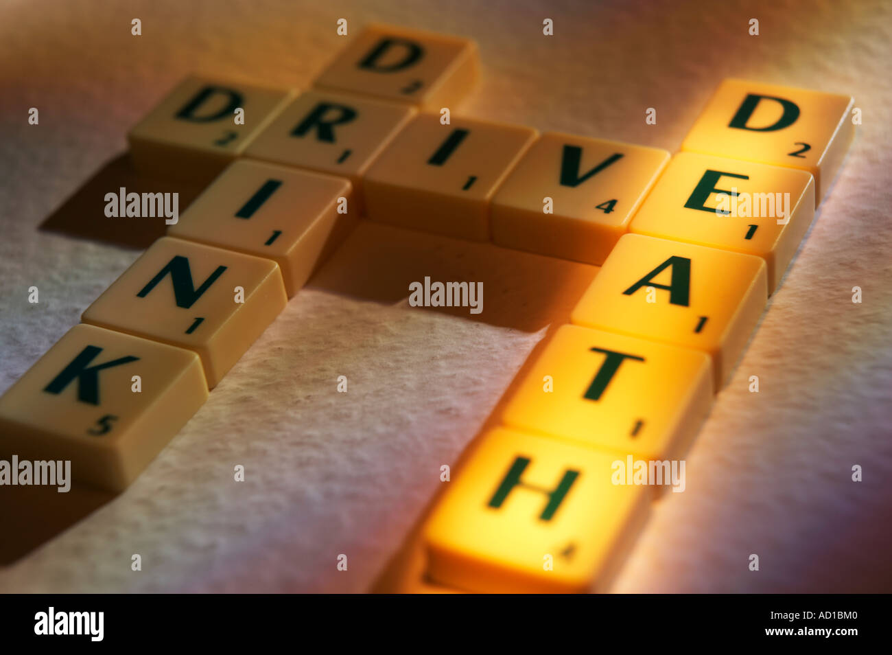 SCRABBLE BOARD GAME LETTERS SPELLING THE WORDS DRINK DRIVE DEATH Stock ...