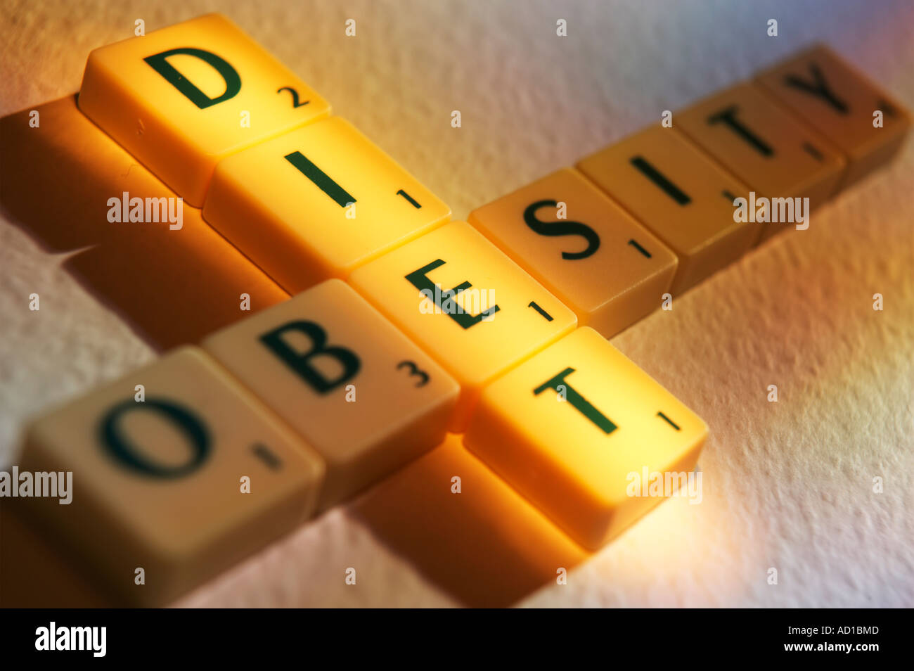SCRABBLE BOARD GAME LETTERS SPELLING THE WORDS DIET AND OBESITY Stock ...
