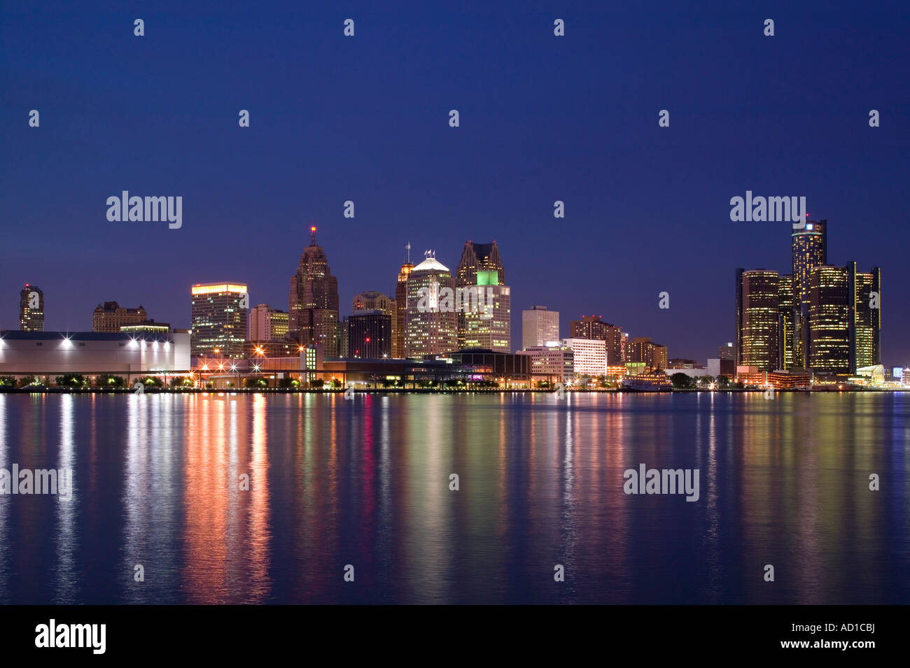City Skyline along Detroit River, Detroit, Michigan, USA Stock Photo ...