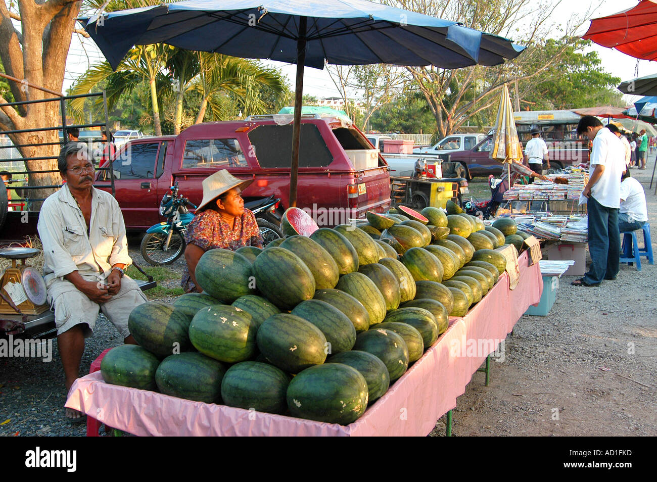 selling watermelons at the food Market at Lopburi Thailand Stock Photo ...