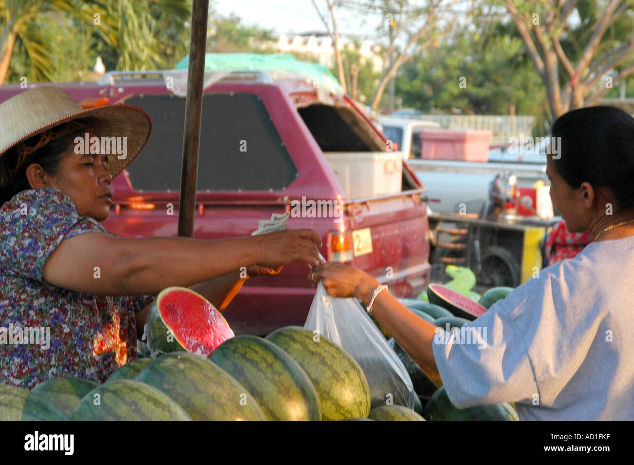 selling watermelons at the food Market at Lopburi Thailand Stock Photo ...