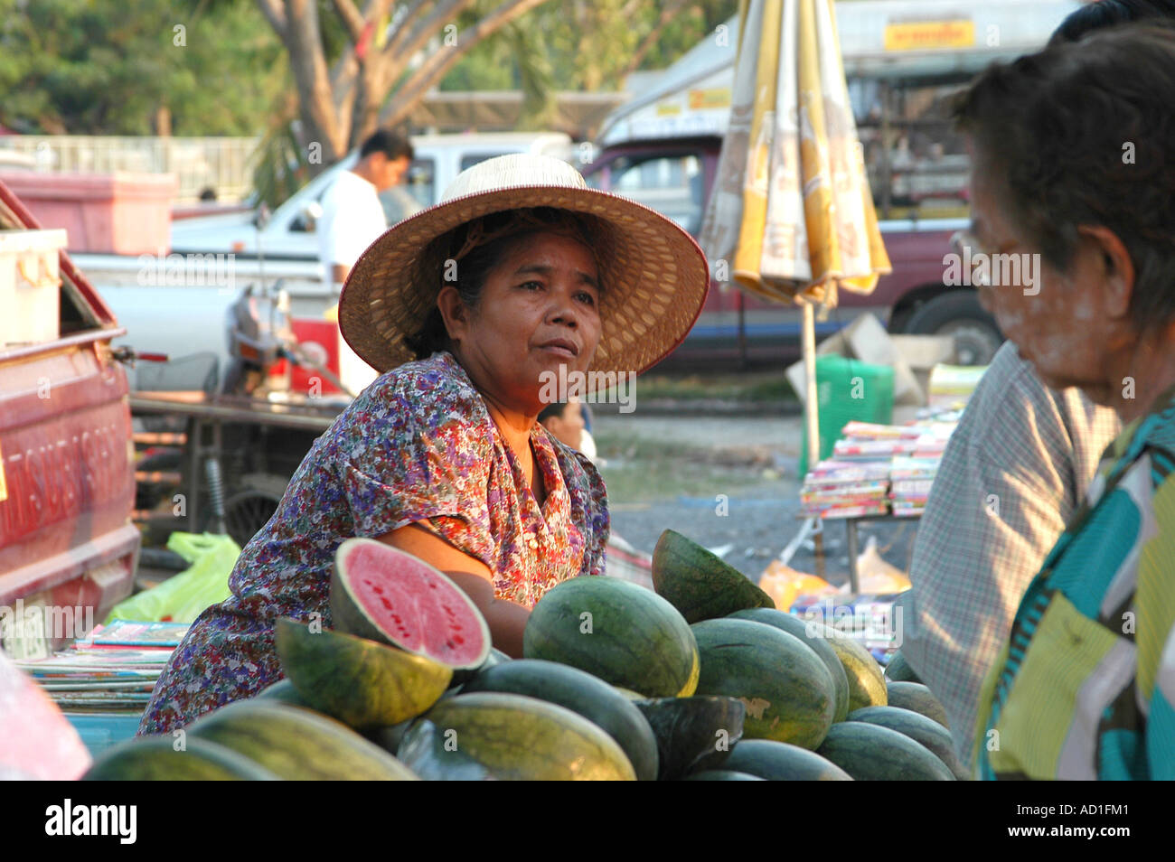 selling watermelons at the food Market at Lopburi Thailand Stock Photo ...